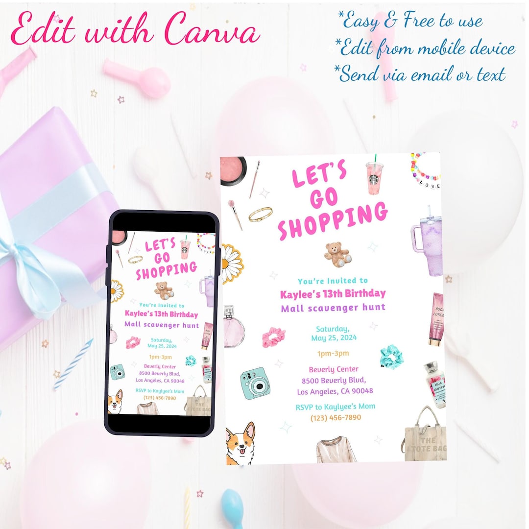 Mall Scavenger Hunt Invitation Editable Invite Scavenger Hunt, Teens Mall Birthday Party, 13th ...