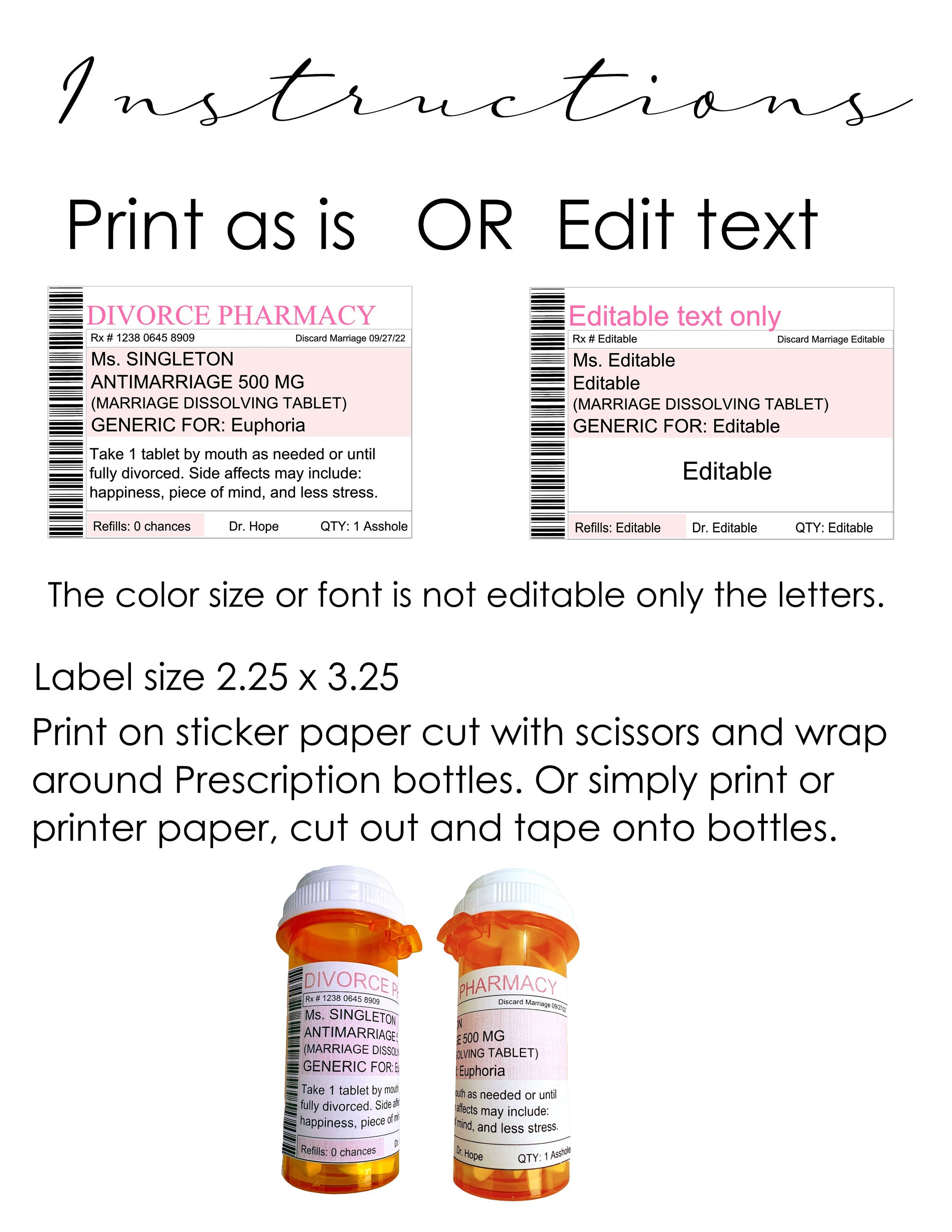 Divorce Party Pill Bottle Labels, Divorce Care Package, Instant ...