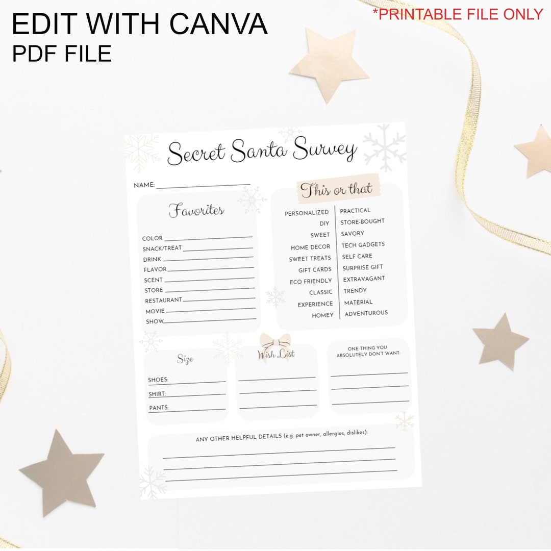 Favorite Things List, Secret Santa Survey, Employee Wish List, Work ...