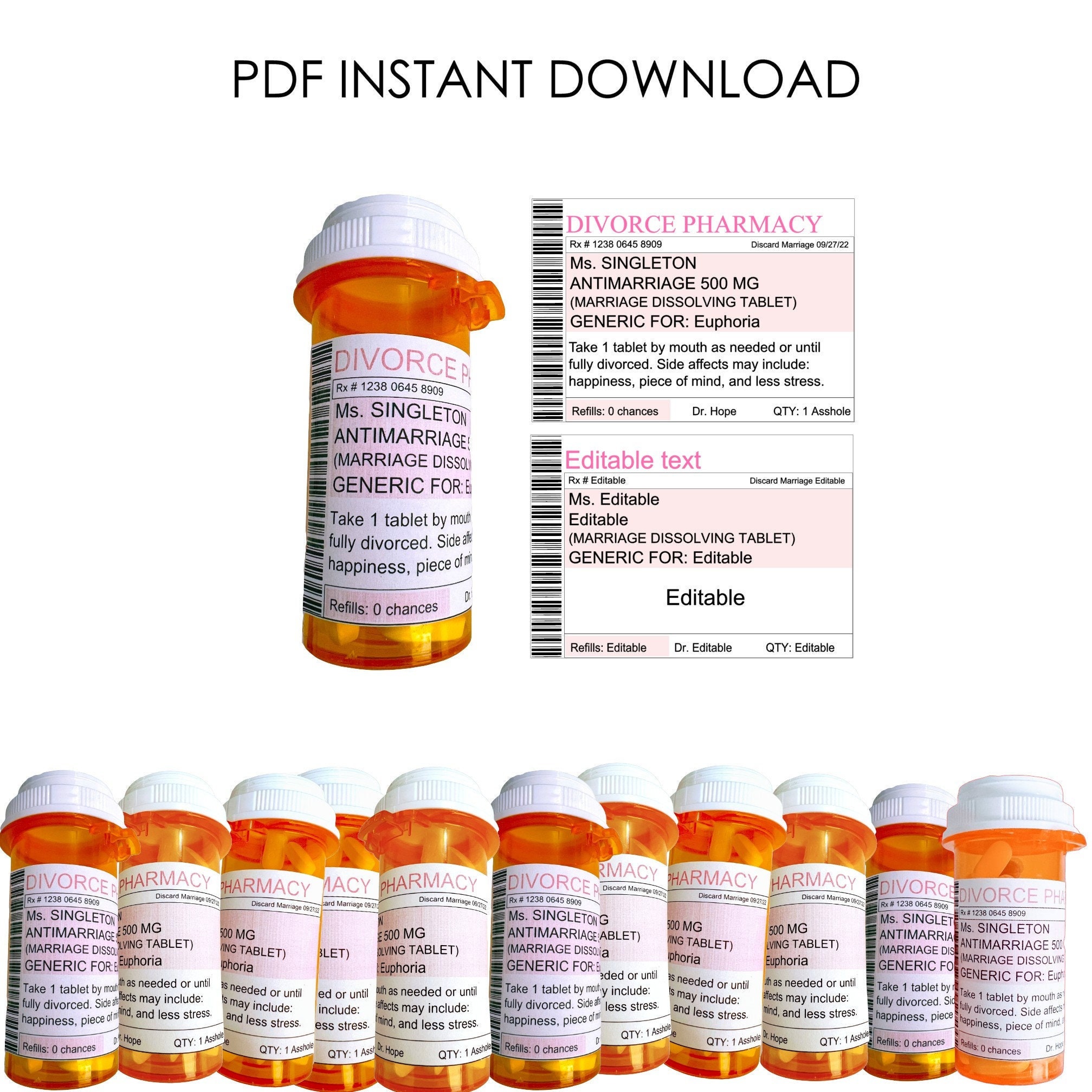 Divorce Party Pill Bottle Labels, Divorce Care Package, Instant ...