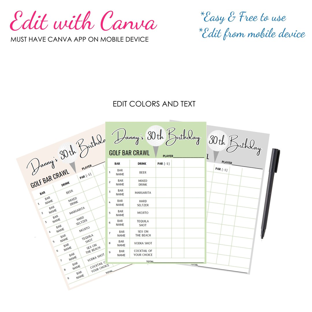 Bar Golf Scorecard, Pub Golf Scorecard, Editable Pub Golf, Golf Bar ...
