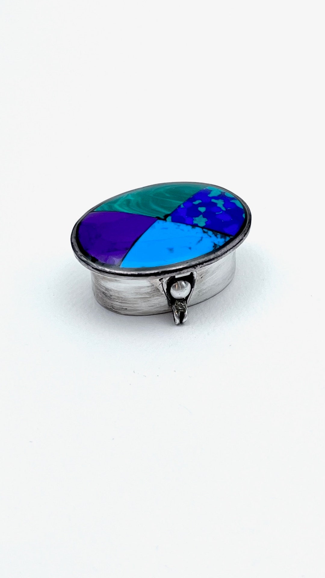 Vintage Sterling Silver Pill Box With Lapis, Malachite, & Turquoise ...