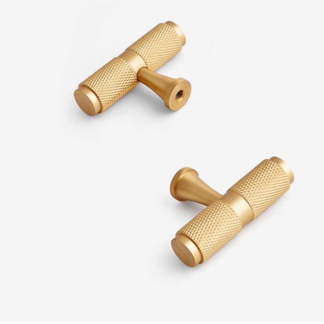 Brushed Knurled Brass Kitchen Cabinet Drawer Knobs and Handles Modern ...