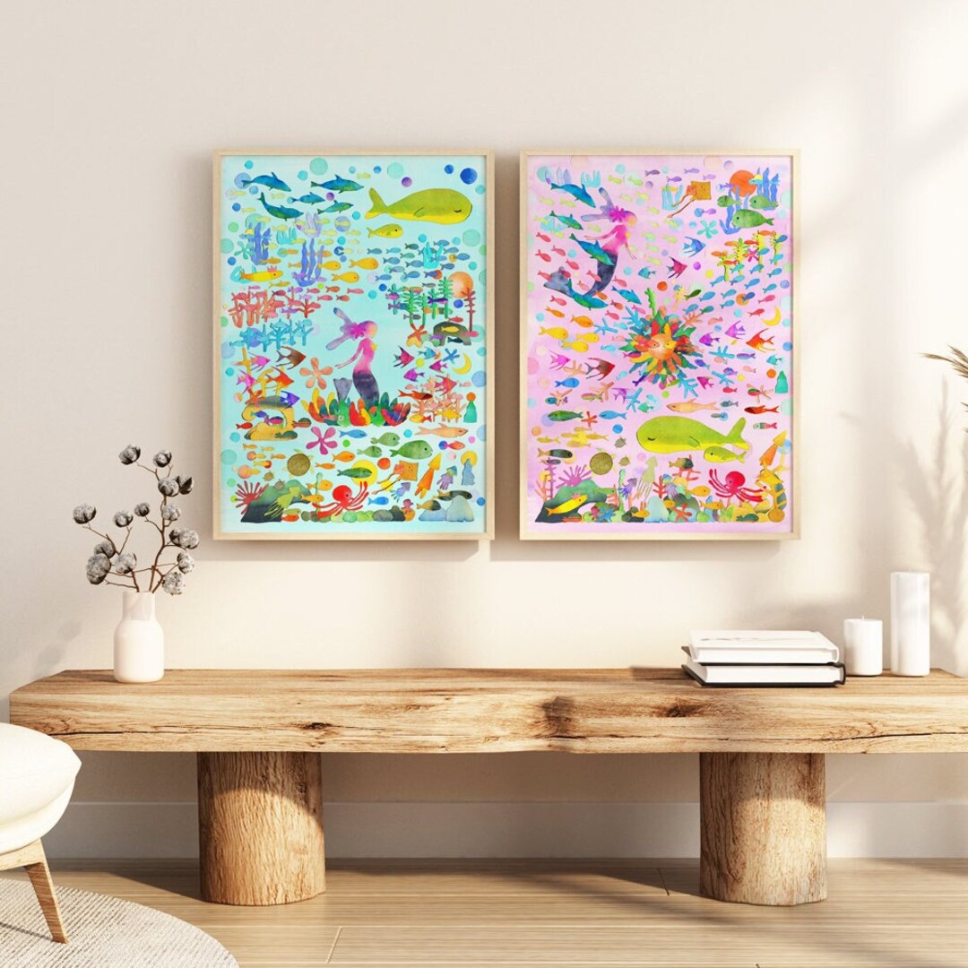 Mermaid and Sea Creatures A4 ,A3 Set of 2 Prints, Nursery Wall Art ...