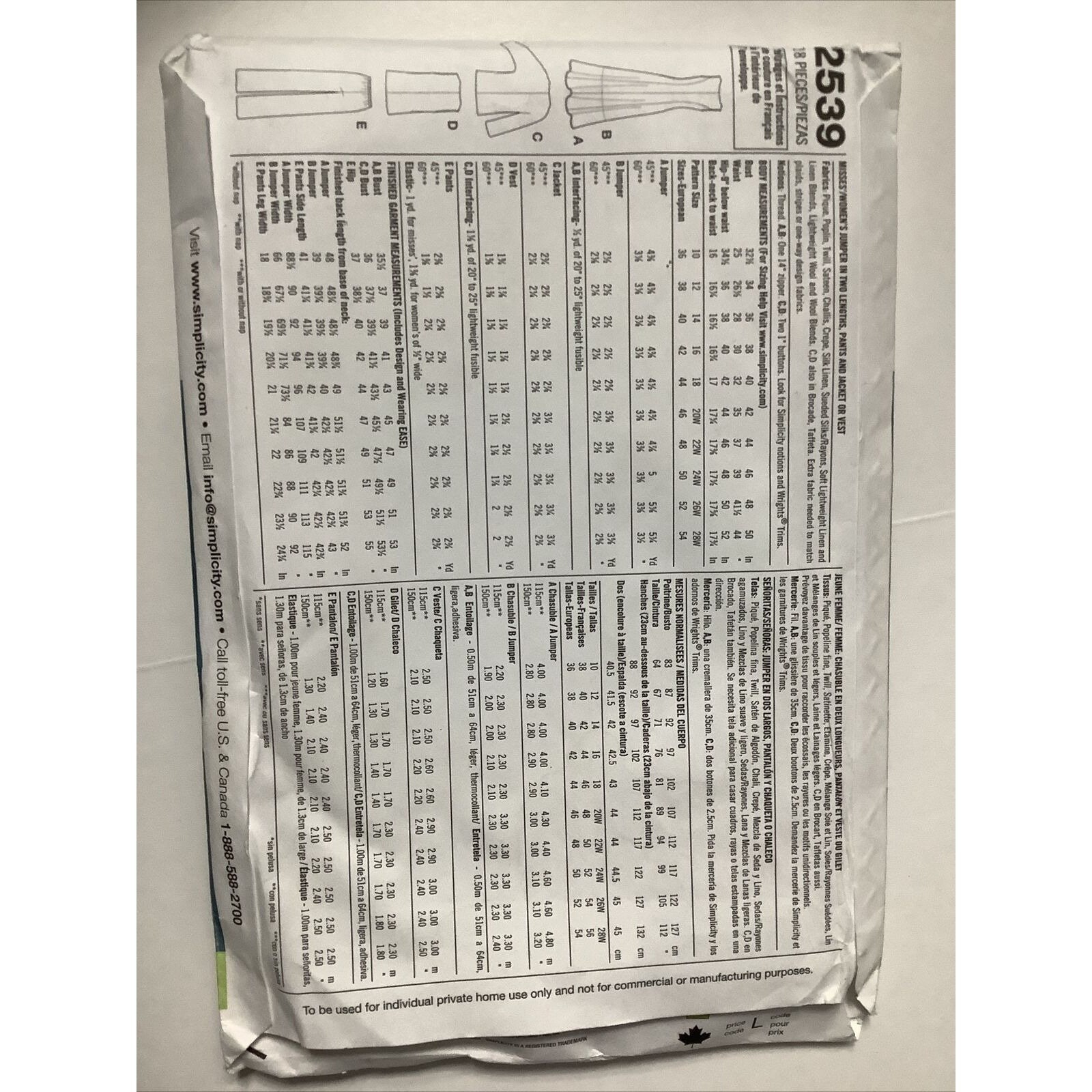 Simplicity 2539 CAPSULE WARDROBE Jumper, Pants, Jacket & Vest Sz 10-18 ...