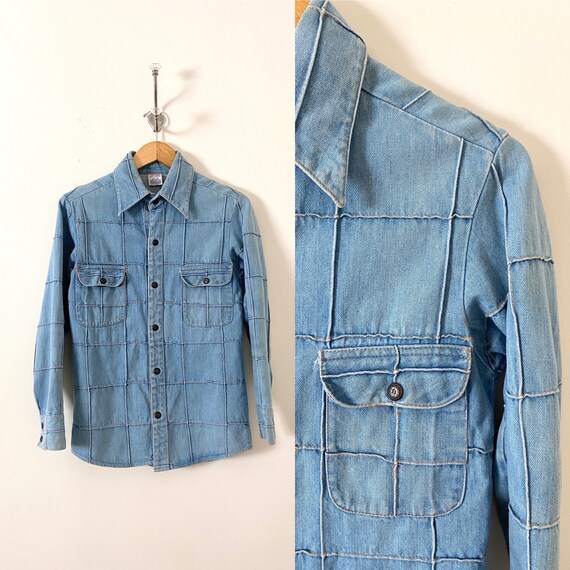 Vintage 70's Denim Windowpane Patchwork Snap Front Bu… - Gem