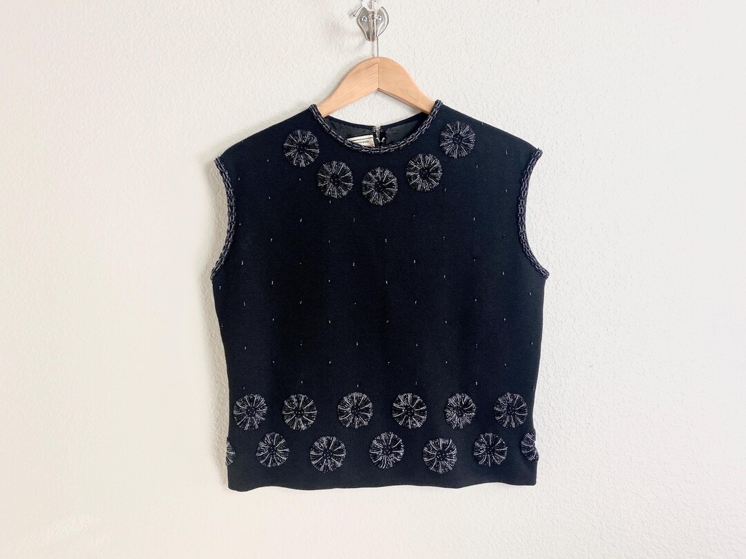 Vintage 50s Black Beaded Wool Shell / Size 16 L-xl - Etsy