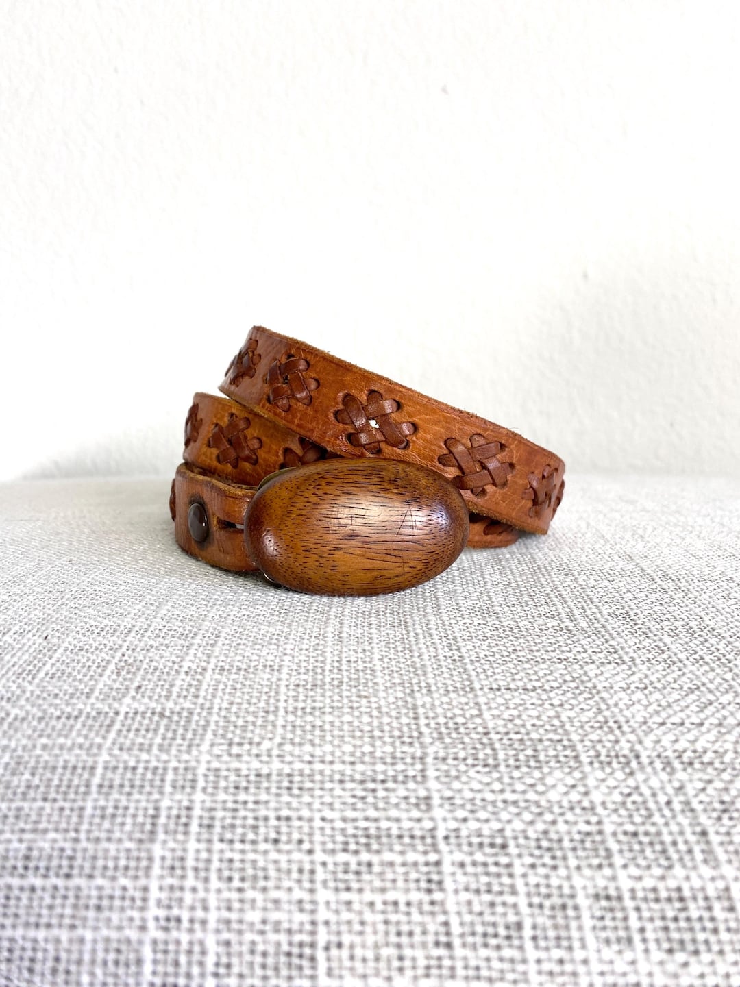 Vintage 70s Randy Nichols Leather Belt With Polished Wood Buckle ...