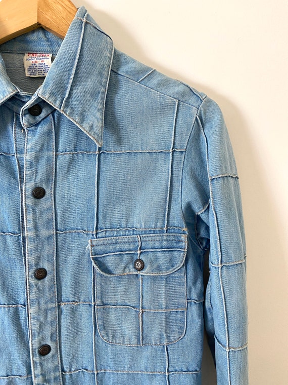 Vintage 70's Denim Windowpane Patchwork Snap Front Bu… - Gem