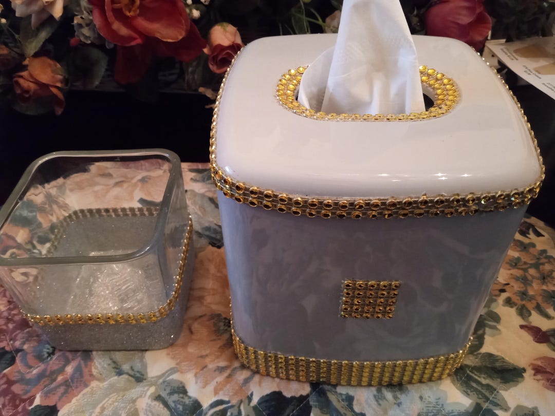 Tissue Box Cover: Gray With Gold Trim. Matching Trinket Holder ...