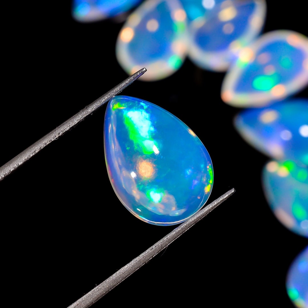 Natural Ethiopian Opal Pear Shape Cabochon, Opal Loose Gemstone for Jewelry Making, Blue Fire ...