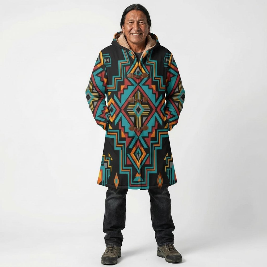 Native Indian Aztec Tribal Coat Men's Horn Button Long Fleece Jacket - Etsy