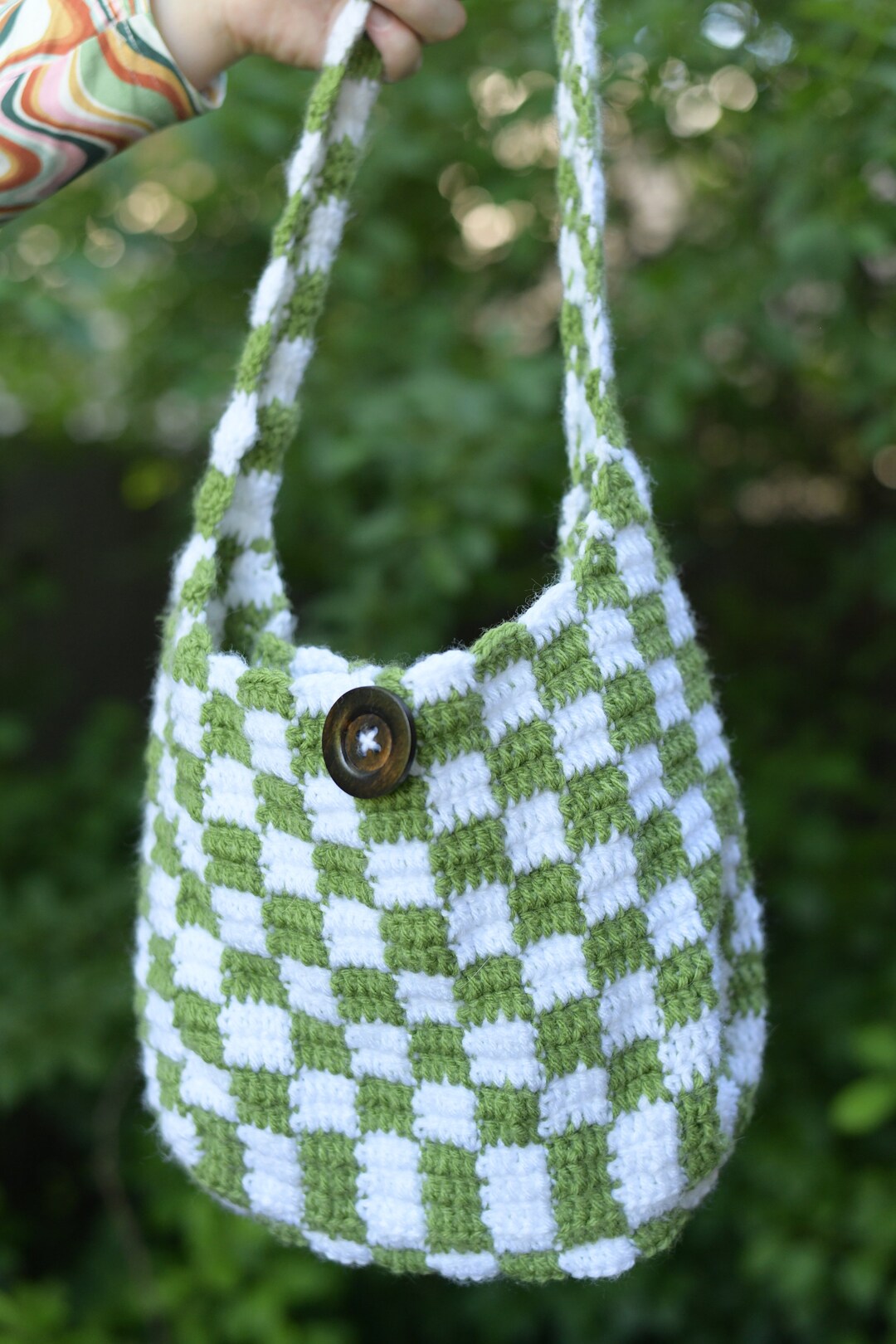 Crochet Checkered Tote Bag One of a Kind Colorful Green Handmade Bag - Etsy