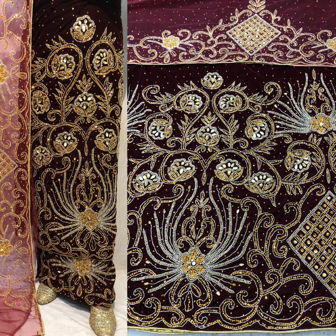 Nigerian Heavy Beaded Floral Design Velvet George Wrapper With Designer ...