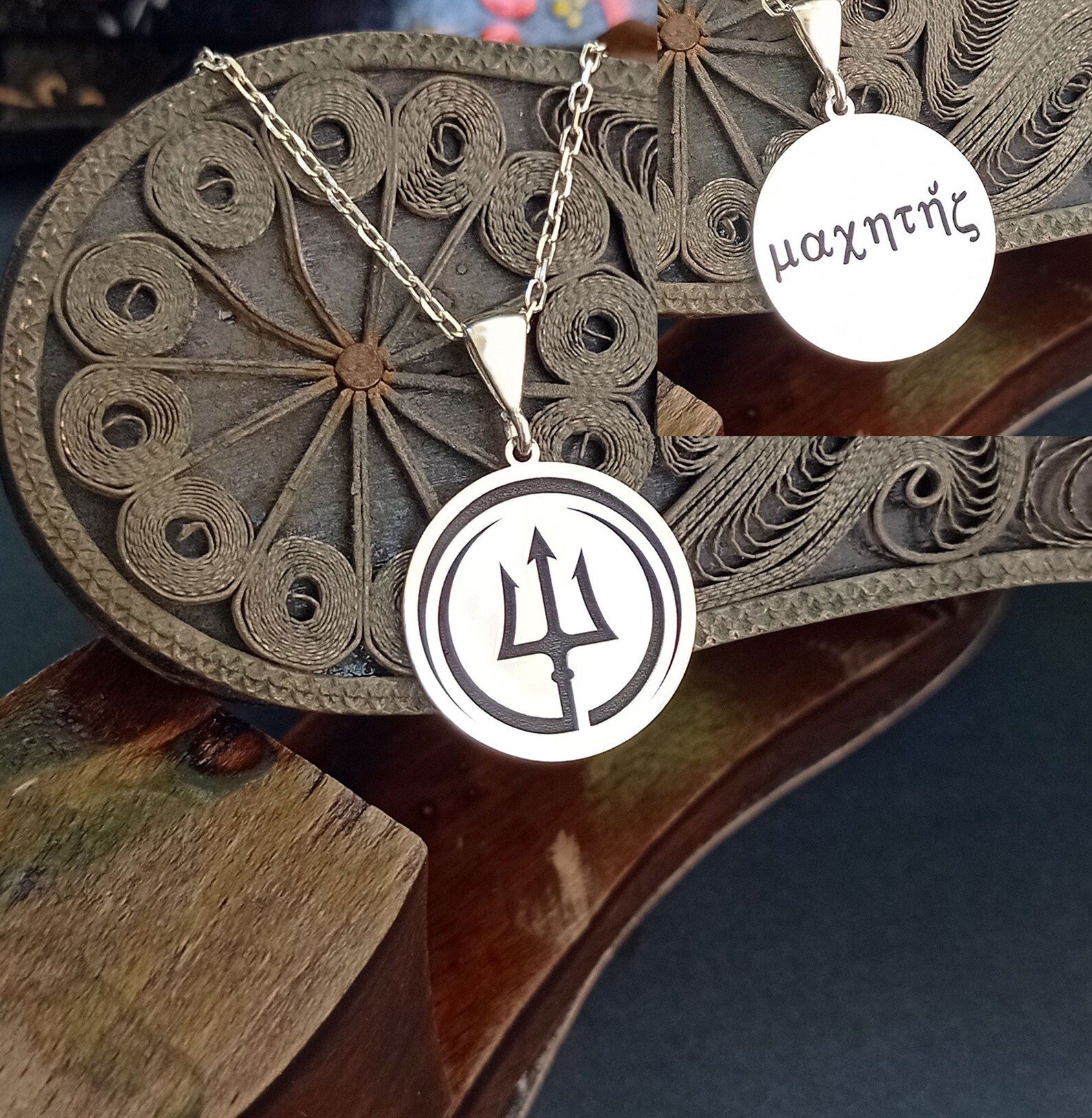 Silver Greek God Poseidon Trident Necklace, Custom Made Neptune Trident ...