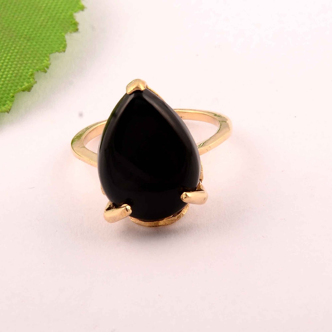 Pear Cut Black Obsidian Brass Ring, Minimalist Statement Jewelry - Etsy