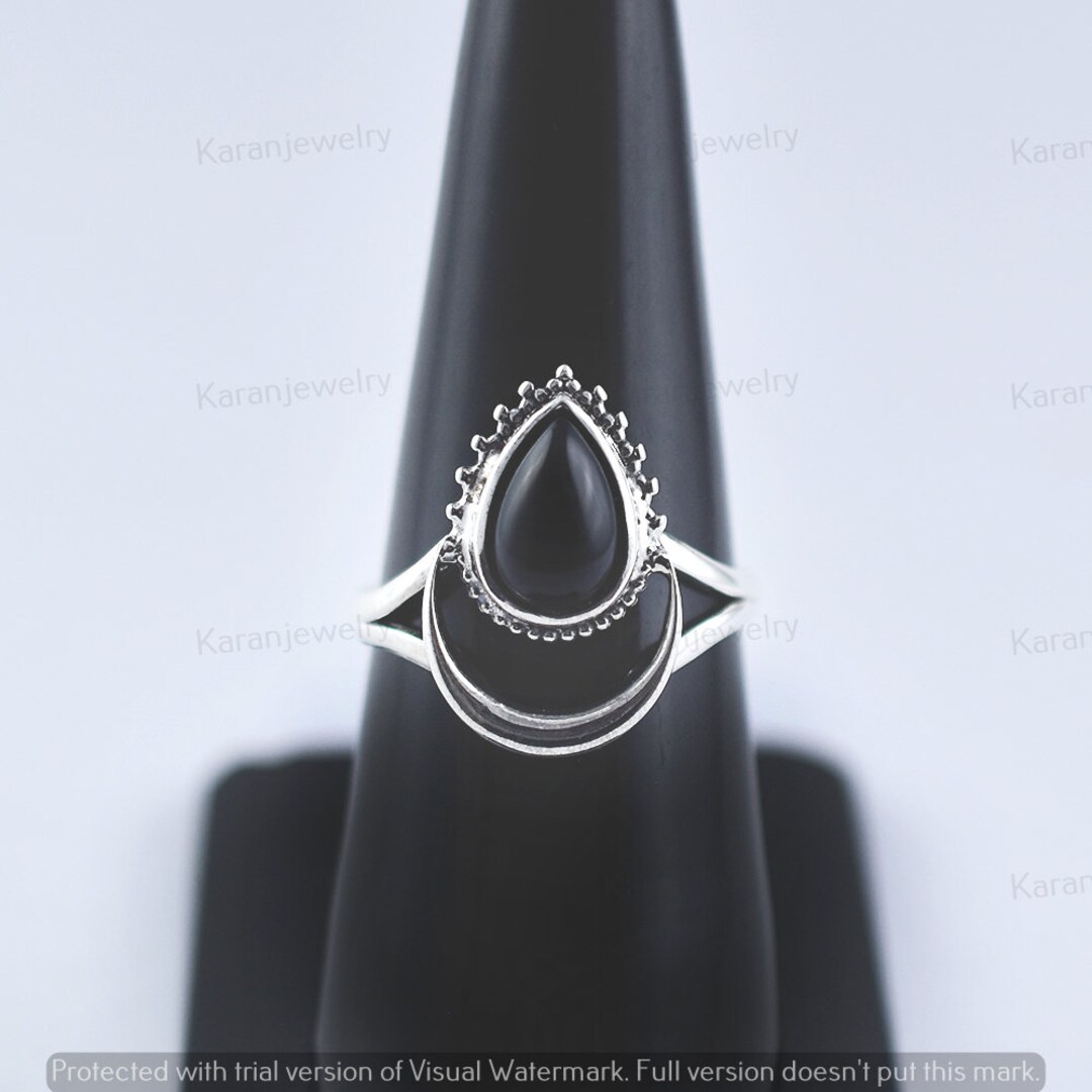 Woman Black Obsidian Ring, Crescent Half Moon Ring, Gold Ring, Half ...