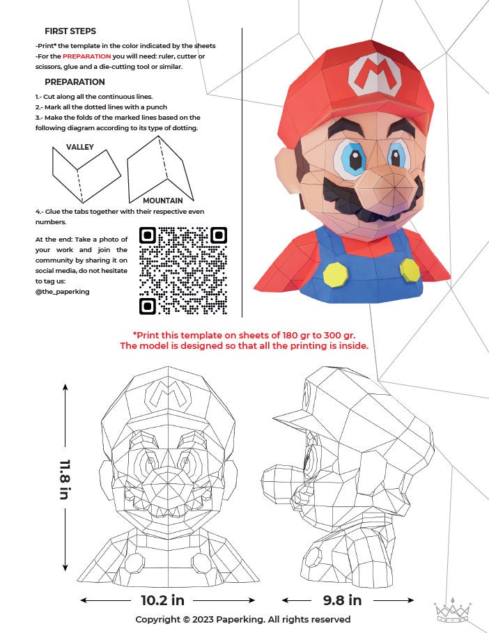 Bust of Mario Papercraft 3D, Pepakura Pdf Template Low Polygonal Paper ...