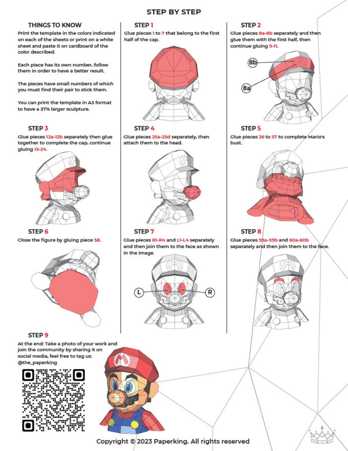 Bust of Mario Papercraft 3D, Pepakura Pdf Template Low Polygonal Paper ...