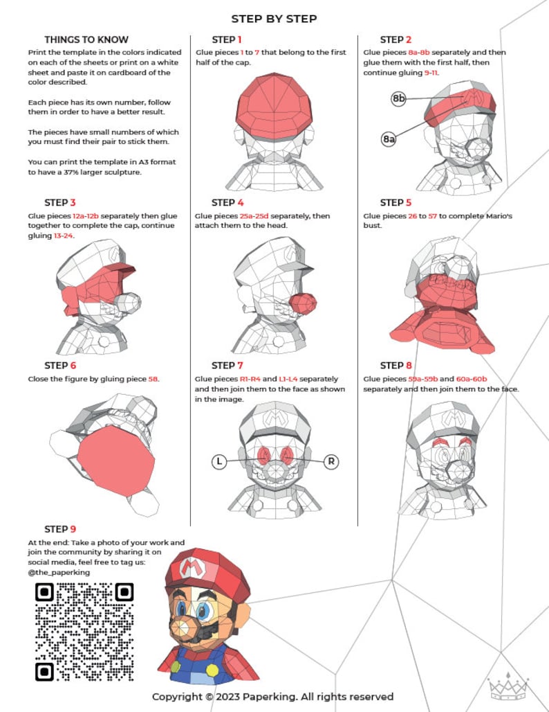 Bust of Mario Papercraft 3D, Pepakura Pdf Template Low Polygonal Paper ...