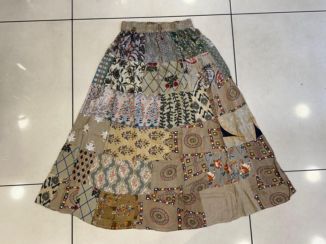 Boho Style Women's Wear Patchwork Skirt, Bohemian Elastic Waist Band Rayon Fabric Patchwork ...