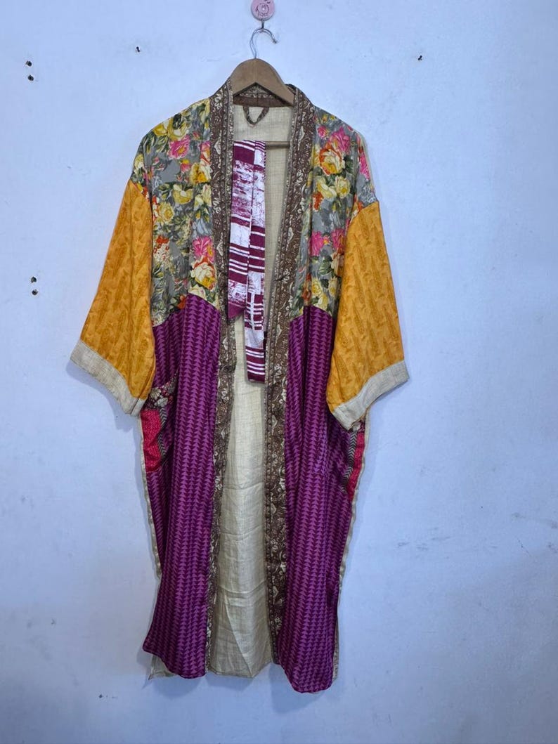 Patchwork Silk Blend Kimono: Bohemian Hippie Style Lounge Wear - Etsy