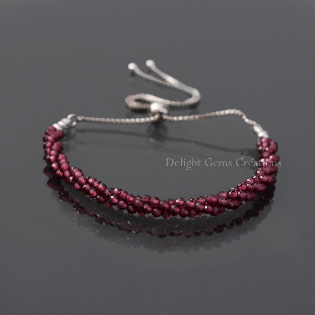 Bolo Chain Garnet Silver Adjustable Bracelet, 2mm Rhodolite Garnet ...