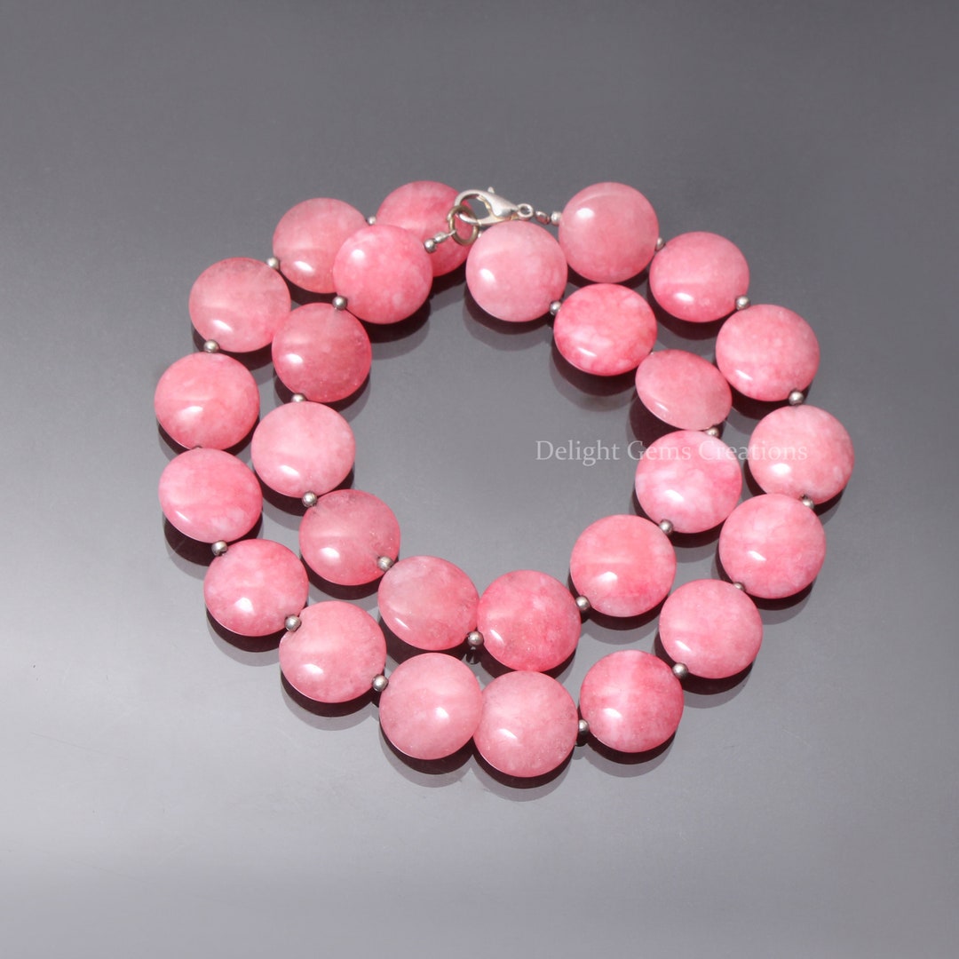 Smooth Pink Quartz Coin Beaded Necklace, 15mm Pink Quartz Coin Shape ...