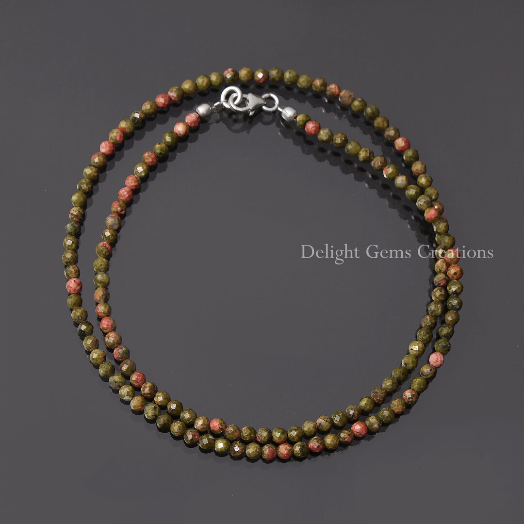 Natural Unakite Gemstone Beaded Necklace, 3mm Unakite Micro Faceted ...