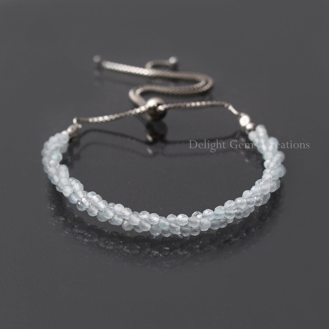 Aquamarine Bolo Chain Silver Adjustable Bracelet, 2.5mm Micro Faceted ...