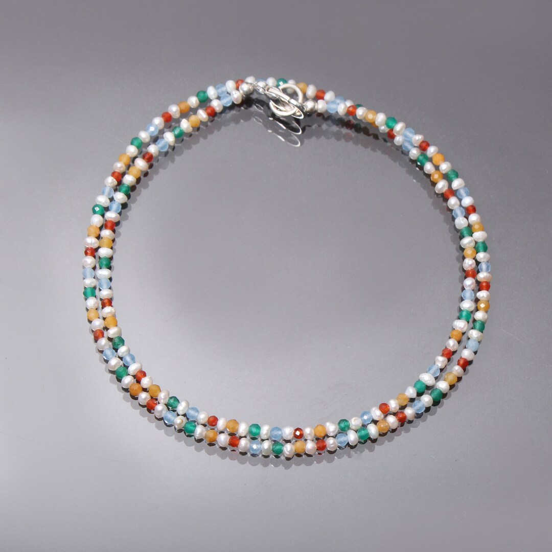 Multi Gemstone Beaded Choker Necklace, Pearl, Onyx, Chalcedony ...
