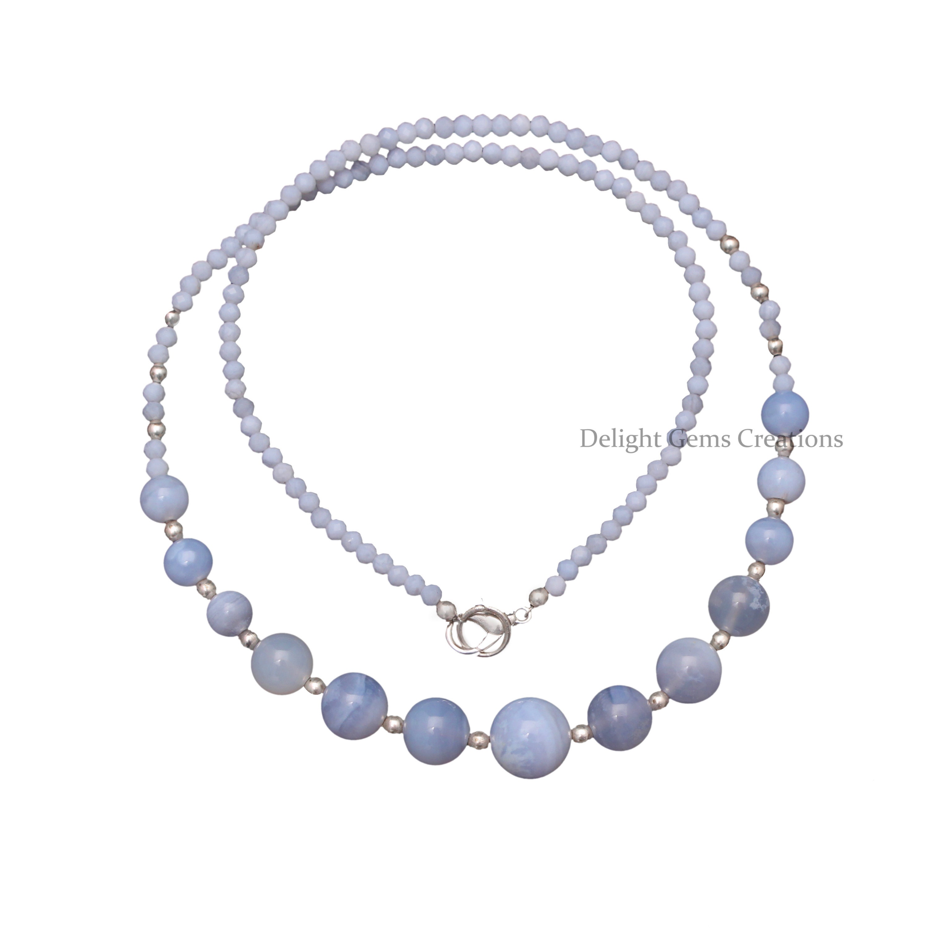 Natural BLUE LACE AGATE Beaded Necklace, 3-10mm Blue Agate Smooth ...