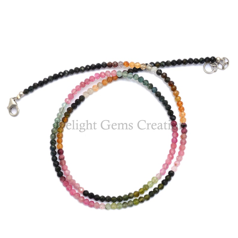 Natural Multi Tourmaline Beaded Necklace, 3mm Multi Color Faceted Round ...