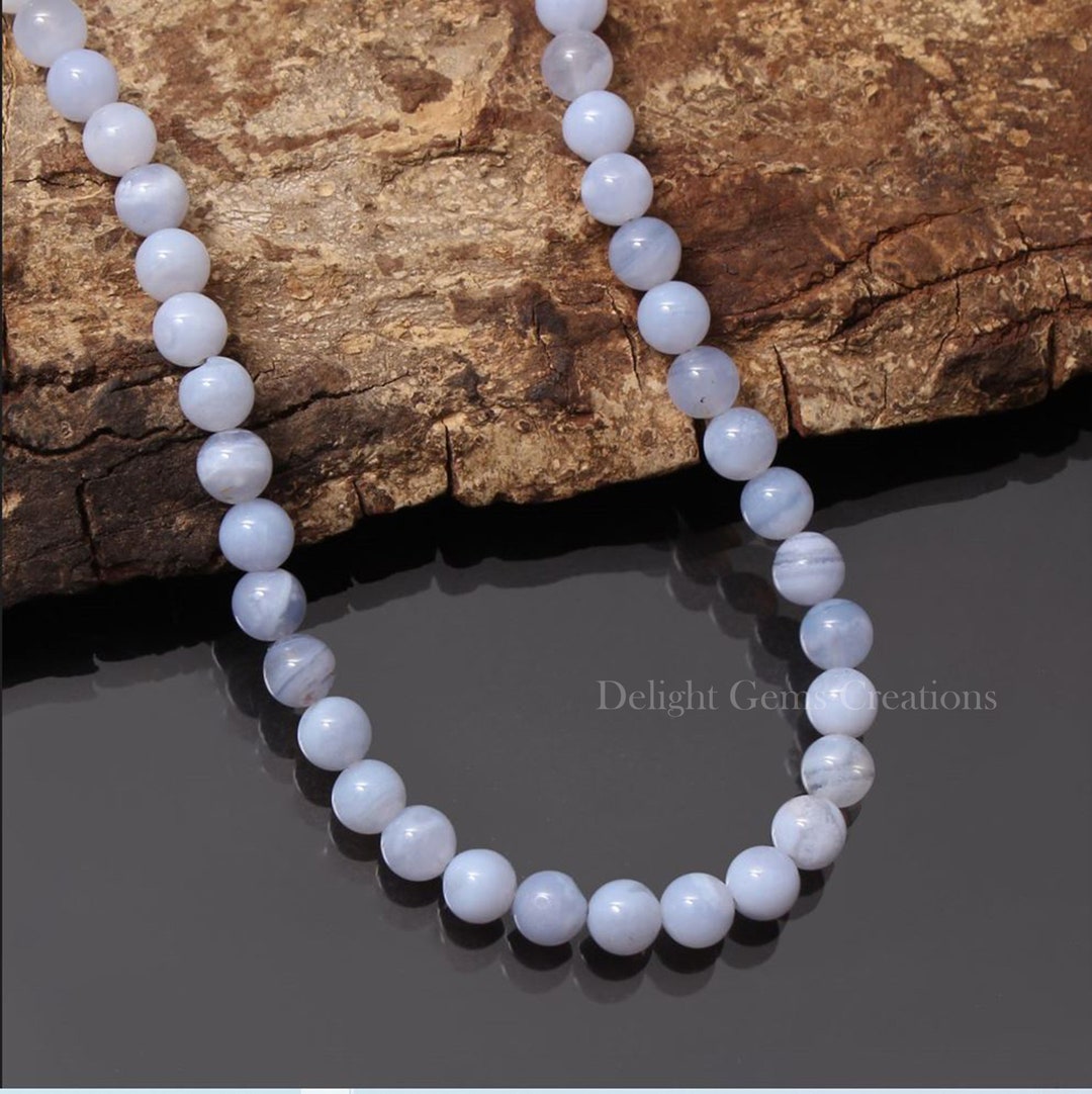Natural Blue Lace Agate Beaded Necklace, 6mm Blue Agate Smooth Round ...
