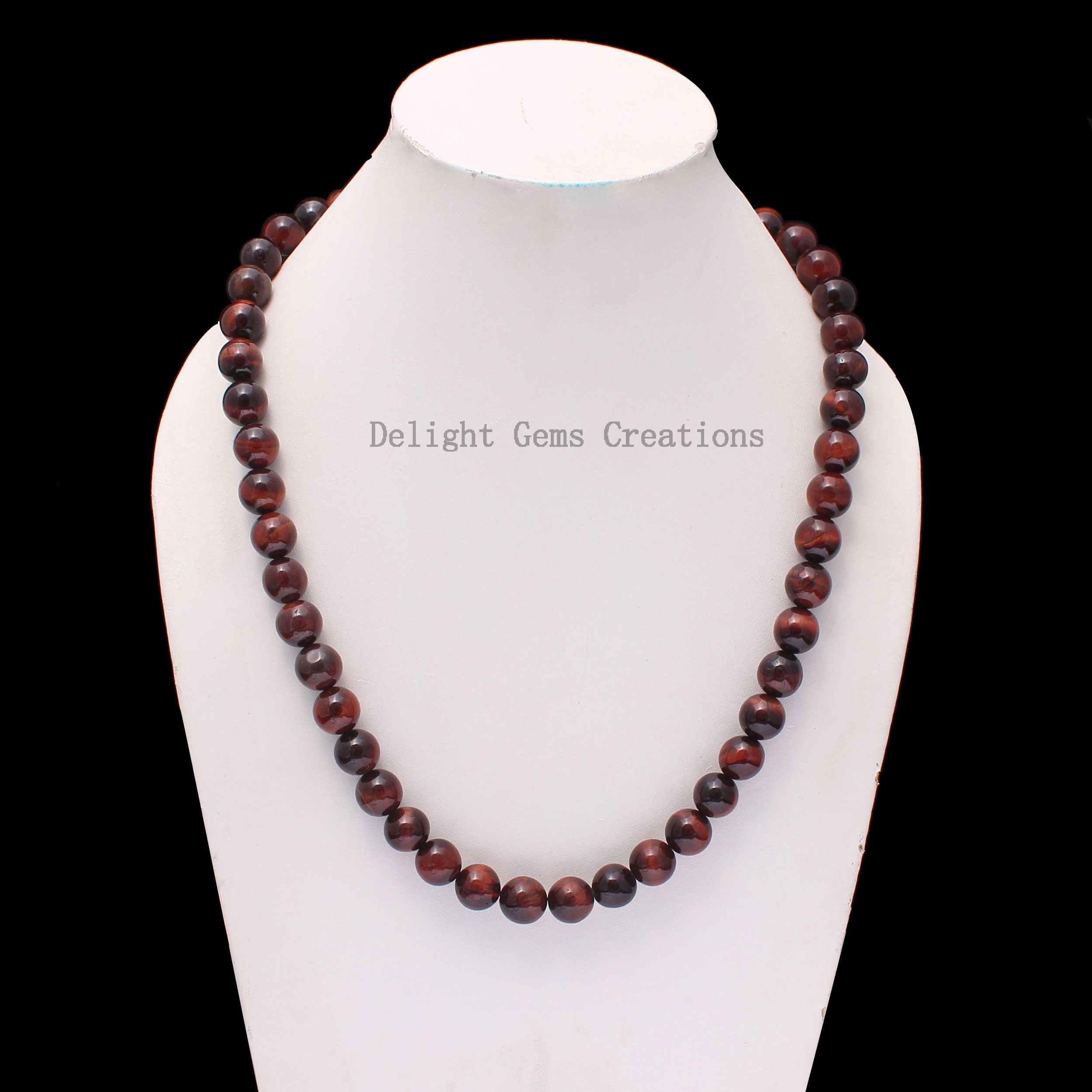 Genuine Red Tiger's Eye Beaded Necklace, 10mm Red Tiger Eye Smooth ...