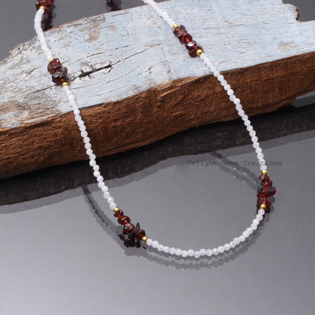 Natural Red Garnet With Moonstone Beaded Necklace-2.5mm Faceted Round ...