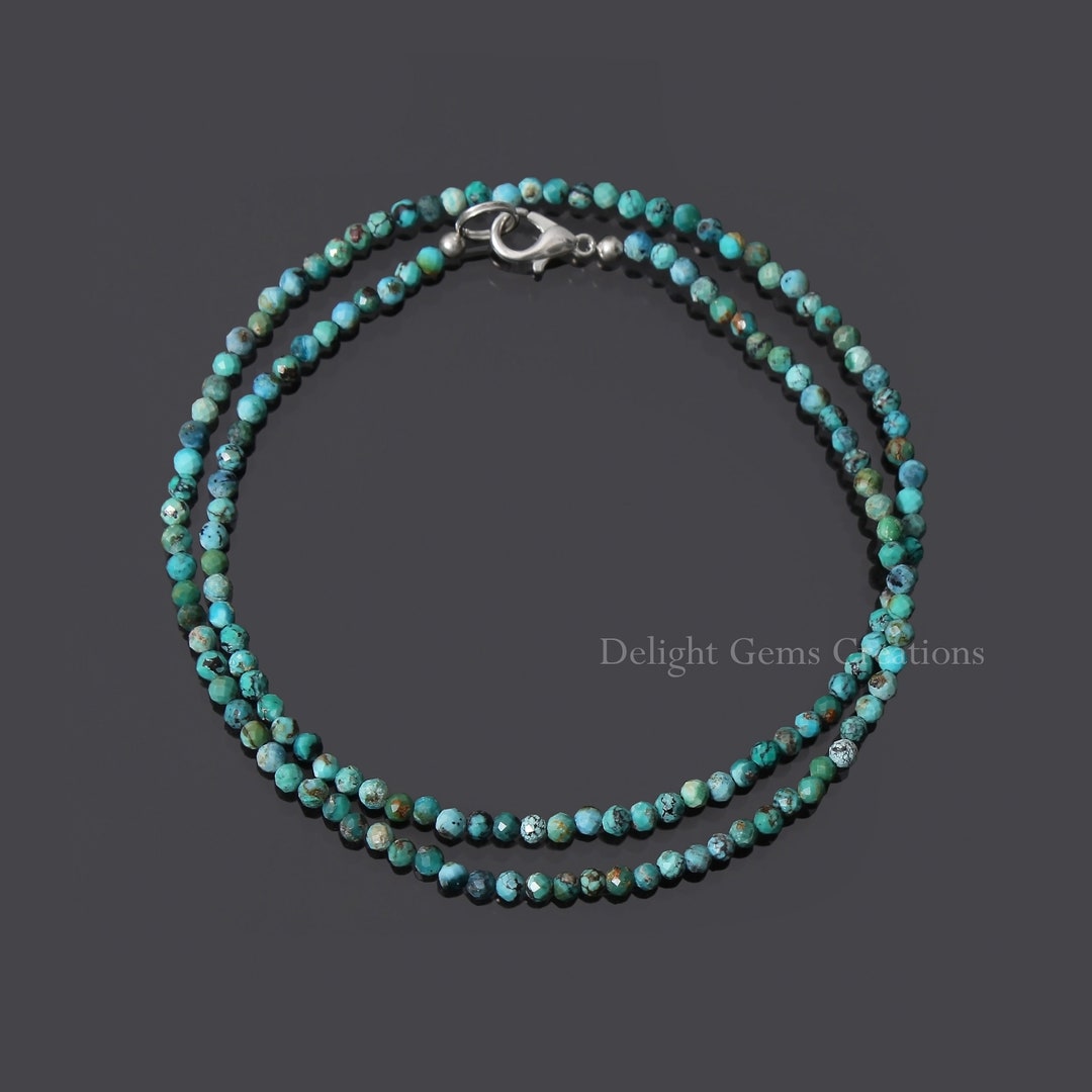 African Turquoise Beaded Necklace, 3mm Turquoise Micro Faceted Round ...