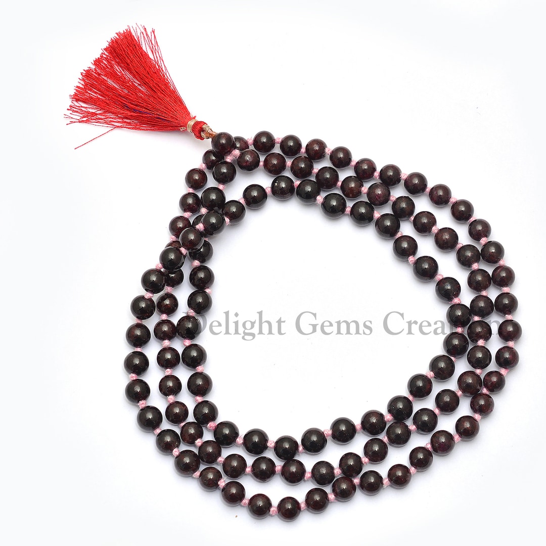 Red Garnet Mala Bead Necklace, 108 Prayer Beads, Tassel, Pink String - Etsy