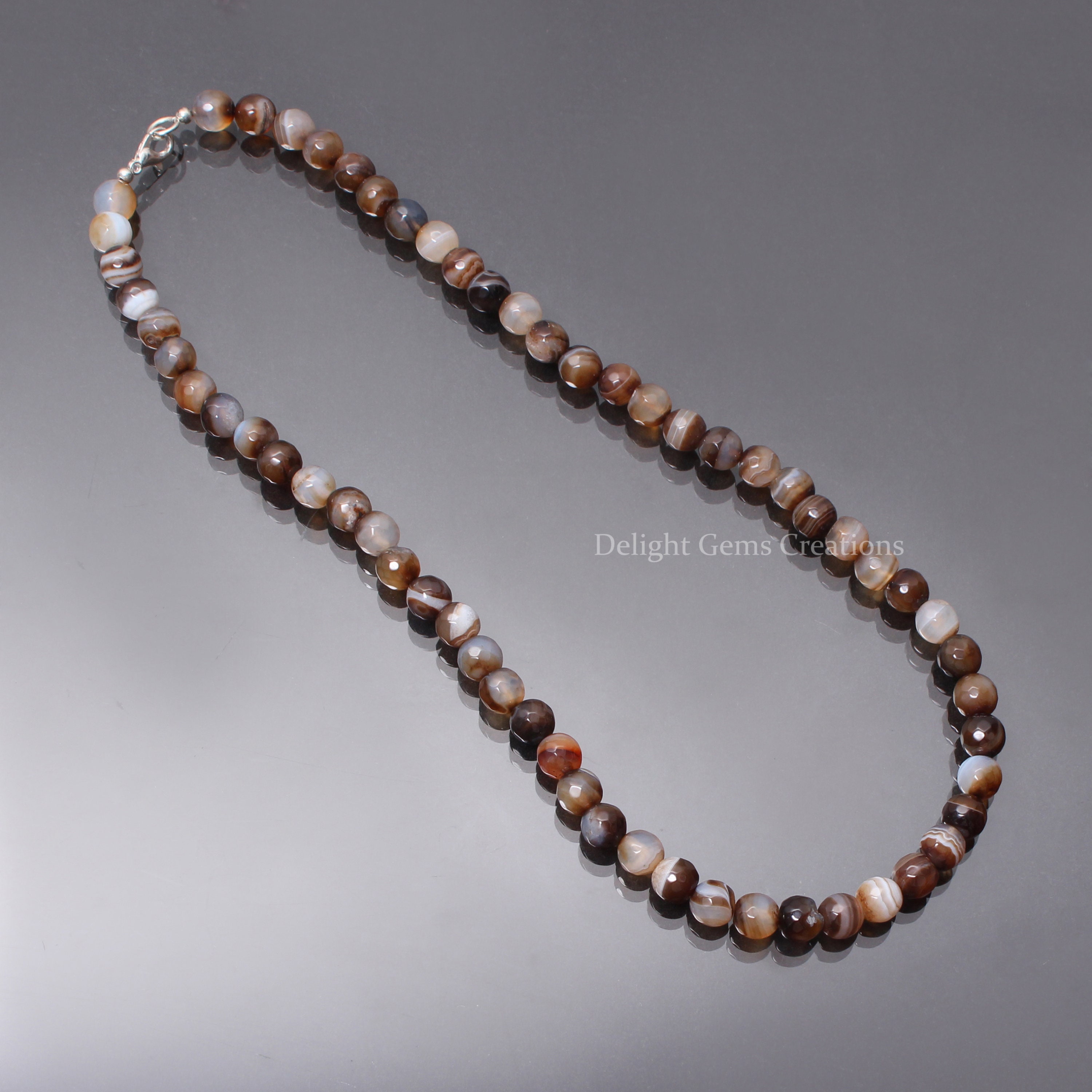 Faceted Chocolate Brown Agate Beaded Necklace, Sterling Silver Clasp ...