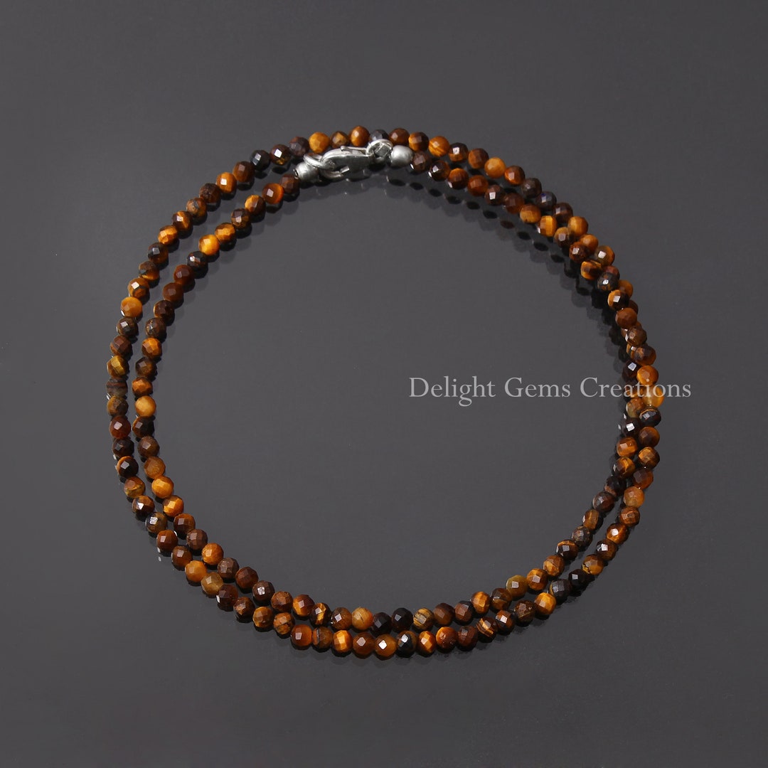 3mm Tiger Eye Beaded Necklace, Micro Faceted Tiger Eye Round Beads ...