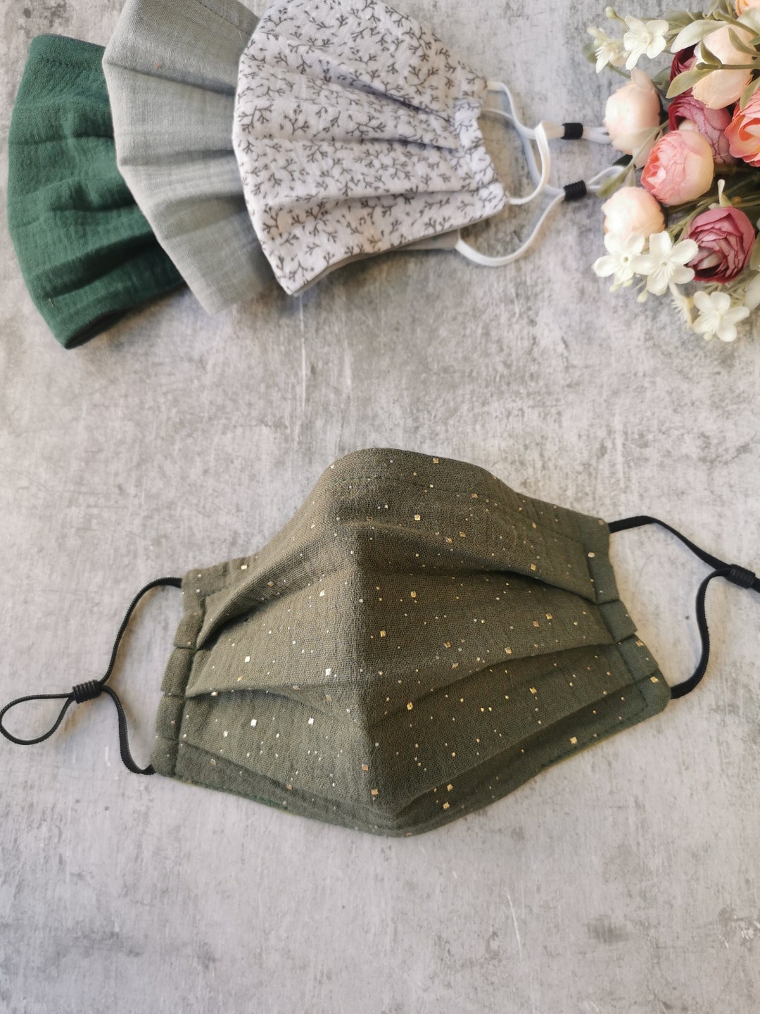 Muslin Face Mask, Breathable Emarald Green Face Mask, Grey Face Mask ...