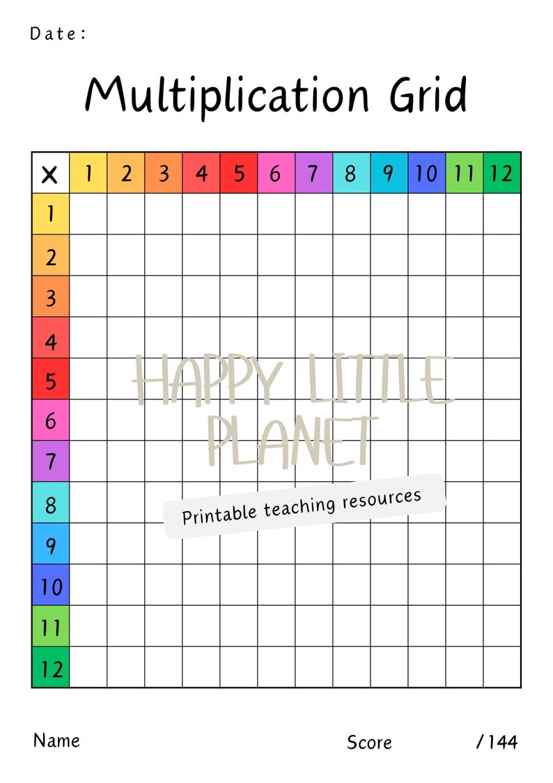 Printable Multiplication Grid Fillable, Times Tables Grid 1 12, Single ...