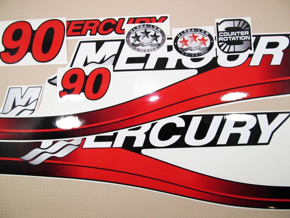 Decal Set for Mercury 90 Two Stroke Outboard. Vinyl Kit Red Sticker for ...