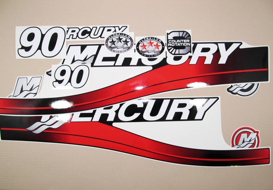 Decal Set for Mercury 90 Two Stroke Outboard Red and White . Vinyl Kit ...