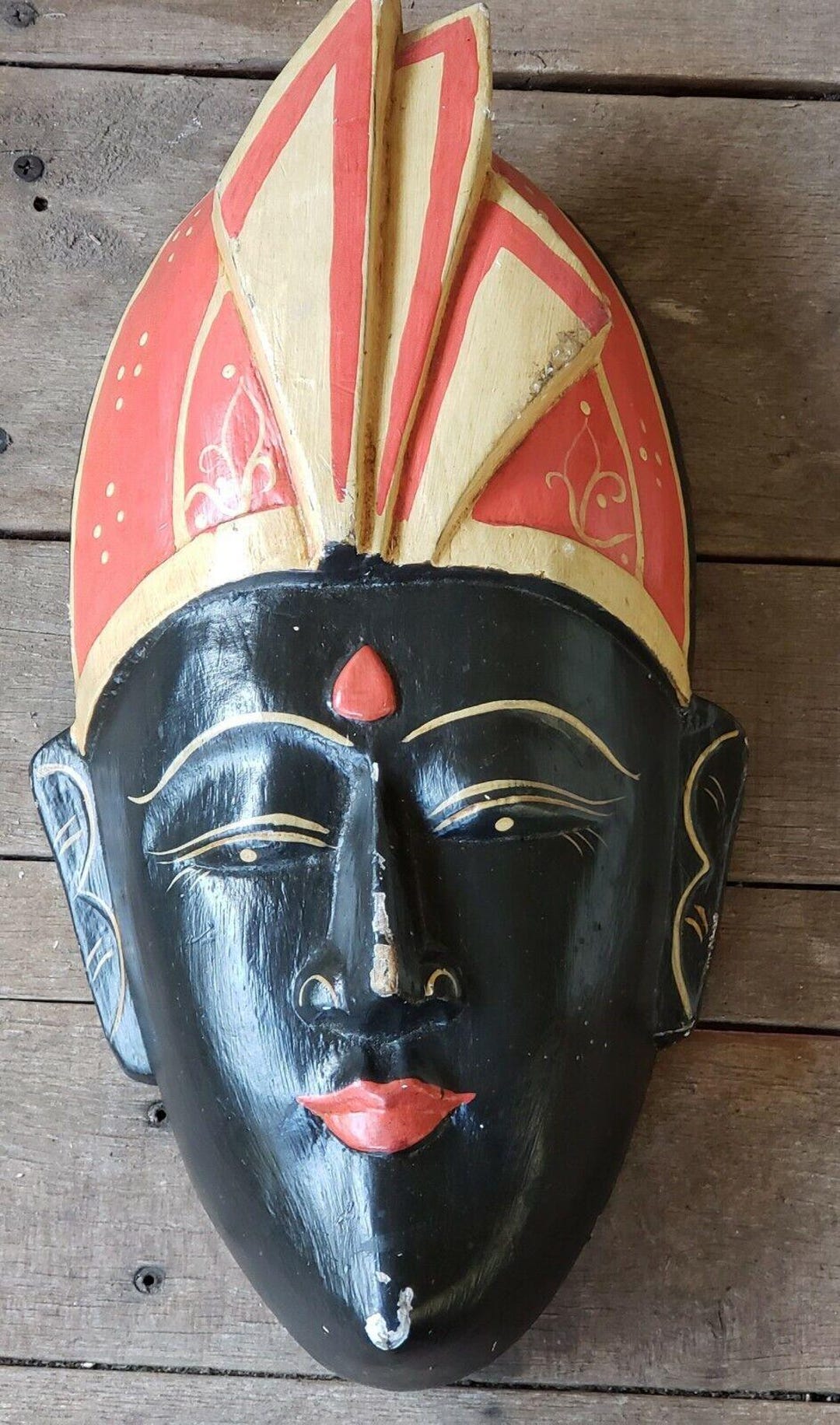 Vintage Asian Face Mask Wall Decor, Carved Wood. Red Black, Large TIKI ...