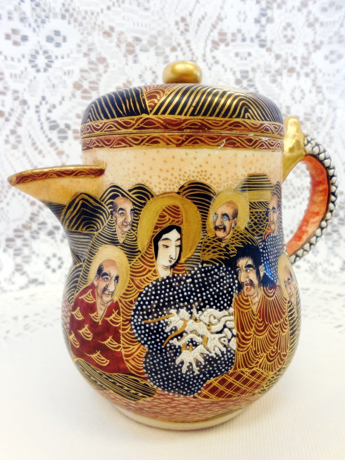 Gorgeous Gilded Satsuma Moriage Sea Set, Shinto Ancestor Theme ...