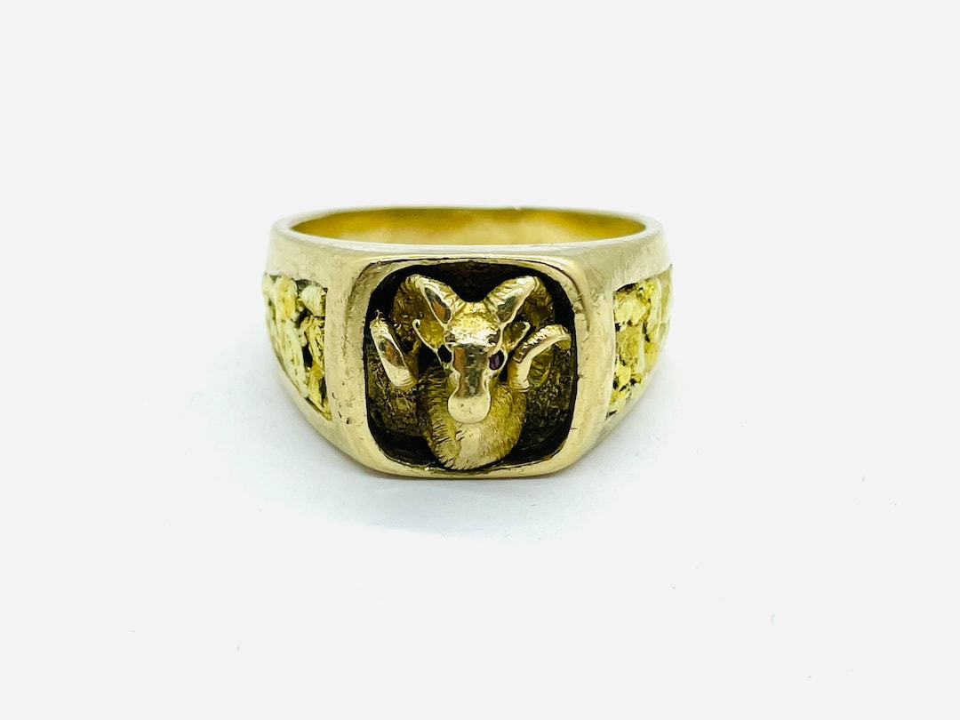 Vintage Men's 10K Yellow Gold 22K Gold Nugget Ram's Head Ring - Etsy