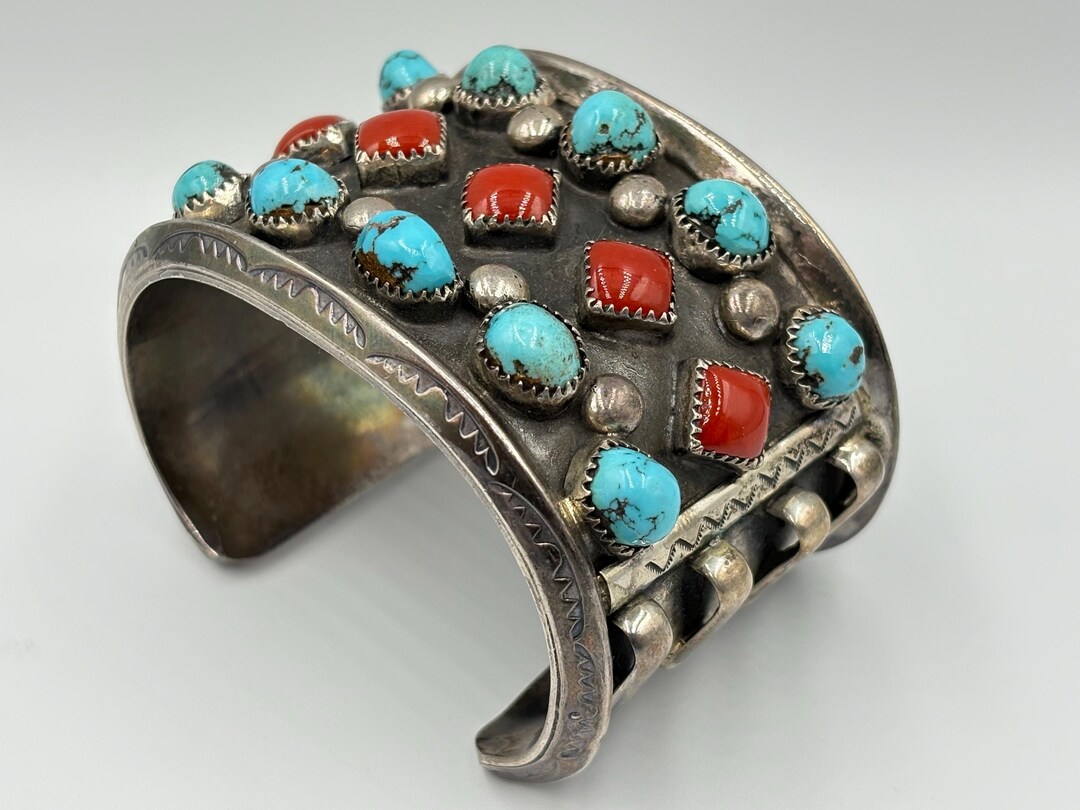 Vintage Navajo Sterling Silver Turquoise Coral Wide Carinated Edge Cuff ...