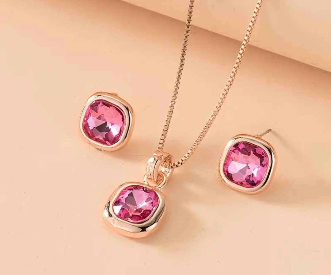 Geometric Pink Gemstone Jewelry Set: Pendant Necklace & Stud Earrings ...