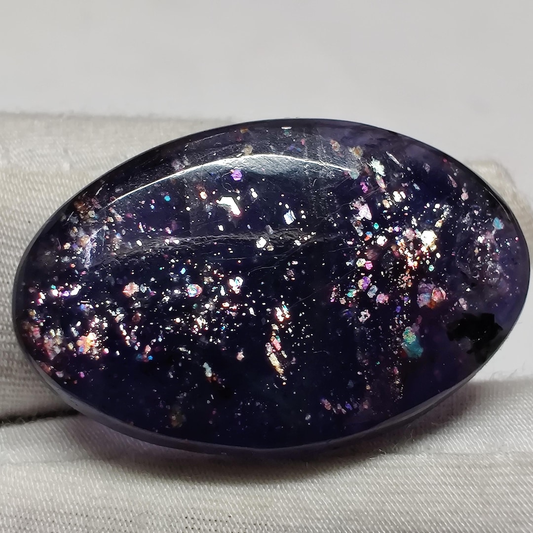 Oval Iolite Sunstone Cabochon, Dark Blue Flashy Gemstone (21.4ct- 28x18 ...
